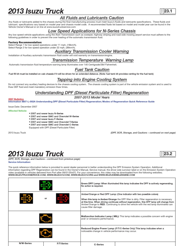 2013 Isuzu Truck Fluids, Lubricants, and DPF Regeneration | PDF ...