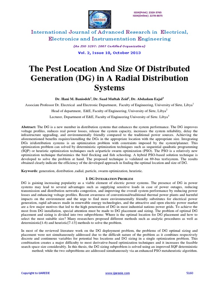 The Pest Location and Size of Distributed Generation (DG) in A Radial Distribution Systems | PDF ...