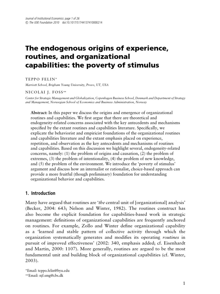 The Endogenous Origins of Experience, Routines, and Organizational ...