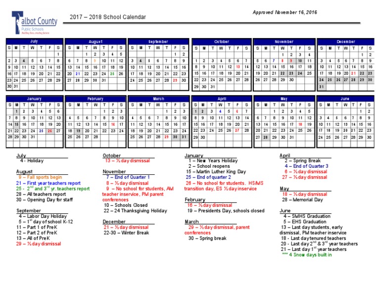 2017 - 2018 School Calendar: July August September October November ...