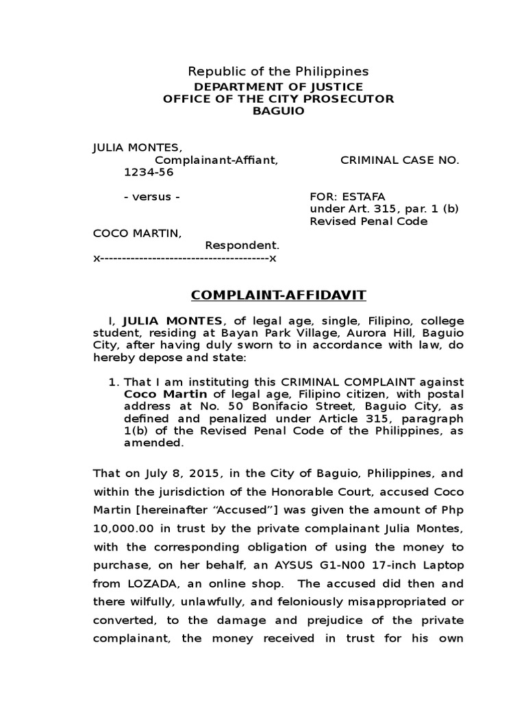 Estafa Complaint-Affidavit Example | PDF | Prosecutor | Crime & Violence