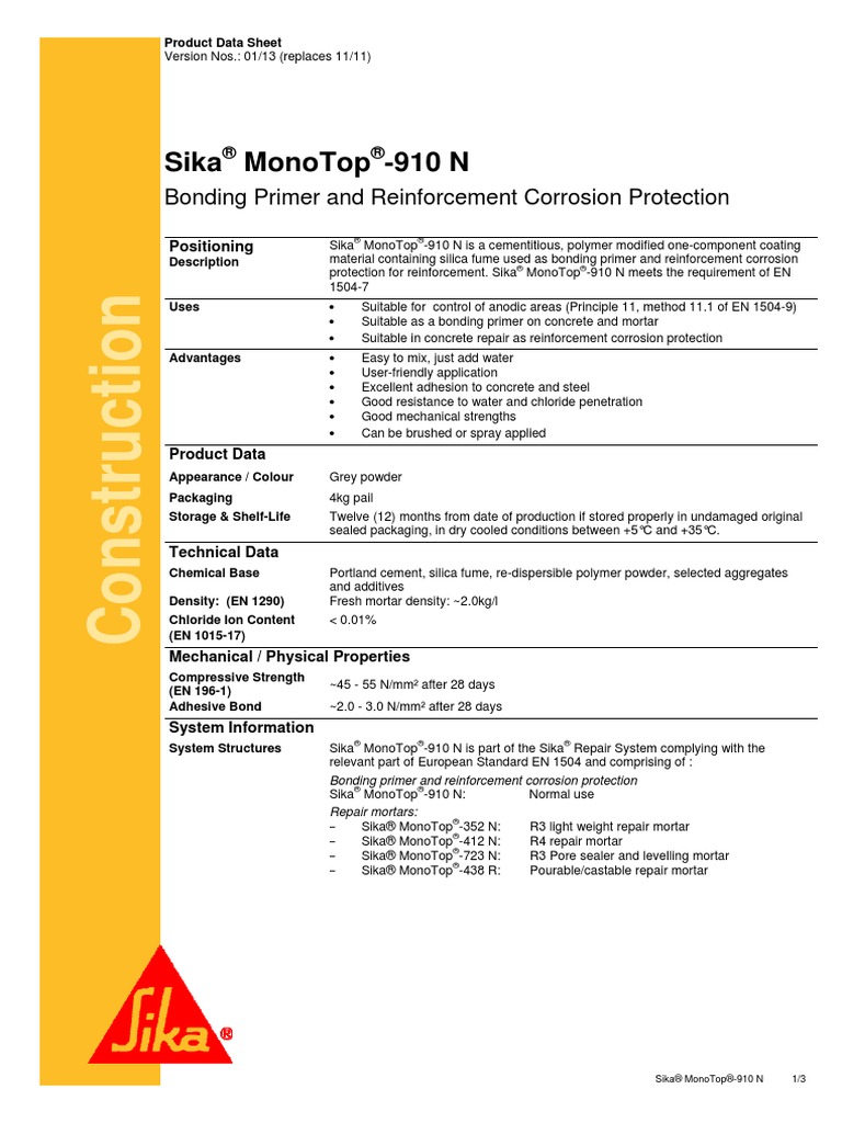 Sika MonoTop 910 N - Primer - PDS PDF | PDF | Concrete | Corrosion