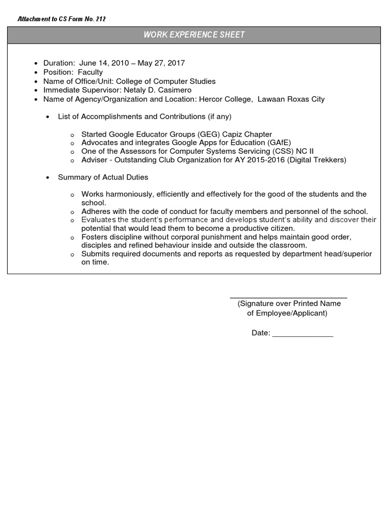 001 CS Form No. 212 Attachment - Work Experience Sheet | PDF