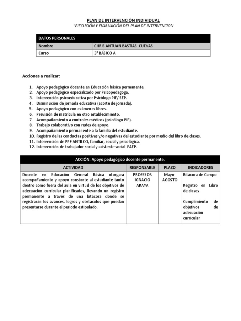 Plan de Intervencion Individual | PDF | Sicología | Trabajo Social