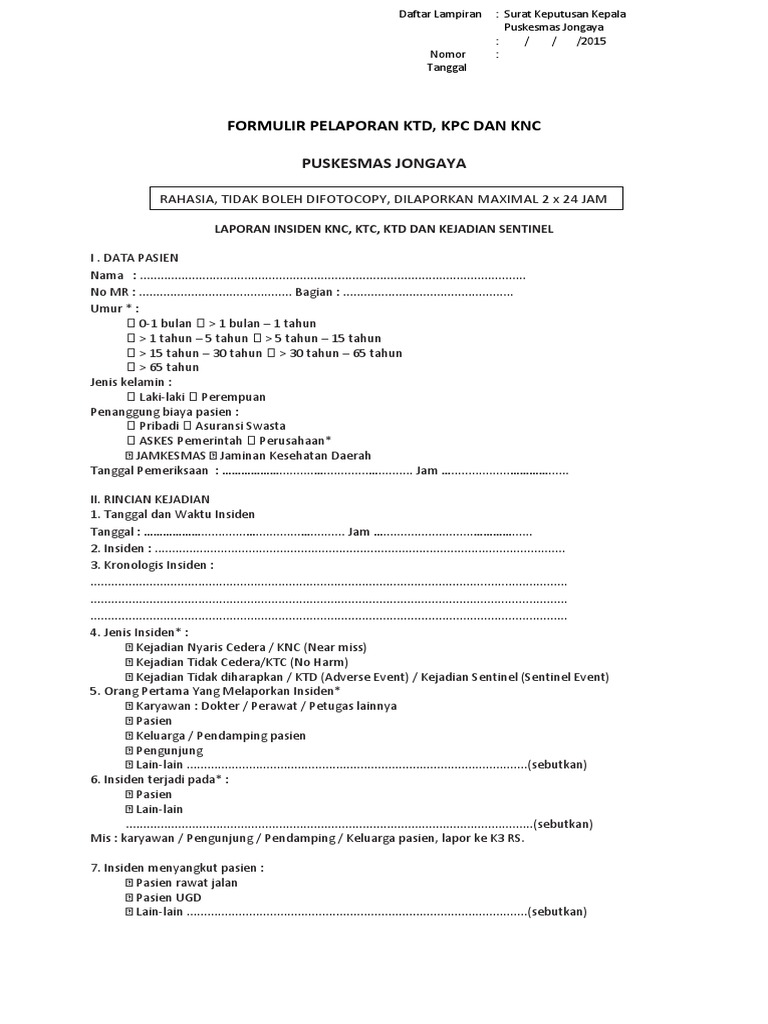 Formulir Pelaporan KTD, KPC, KNC | PDF