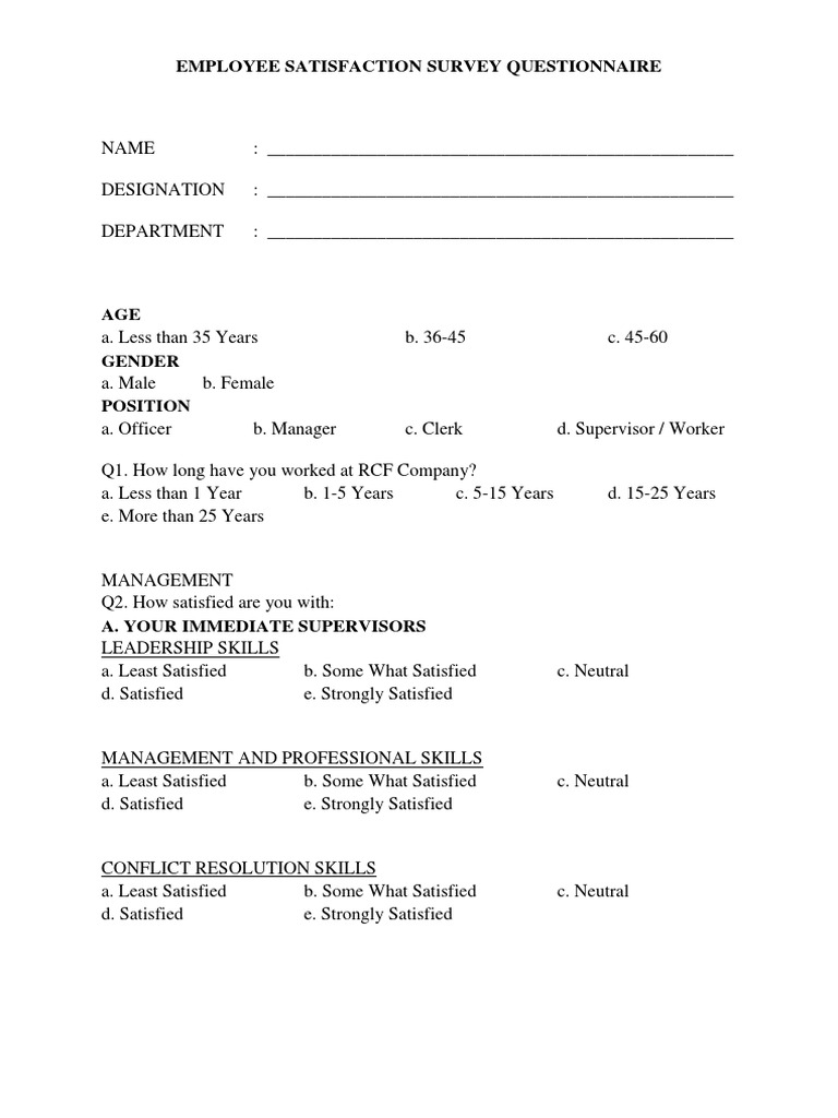 Employee Satisfaction Survey Questionnaire | PDF | Job Satisfaction ...