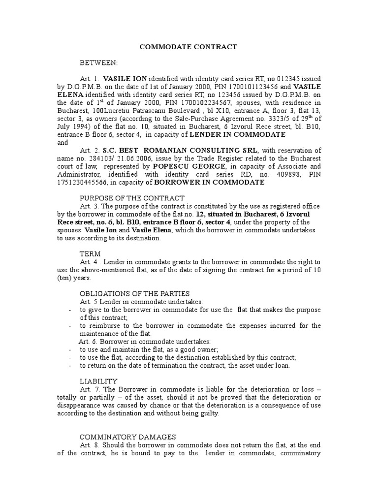 Commodate Contract | PDF | Loans | Civil Law (Legal System)