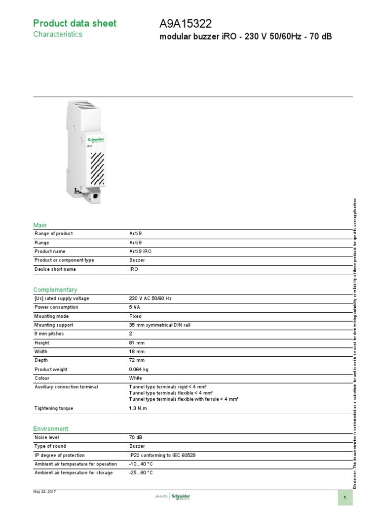 Acti 9 iRO Modular Buzzer Data Sheet | PDF