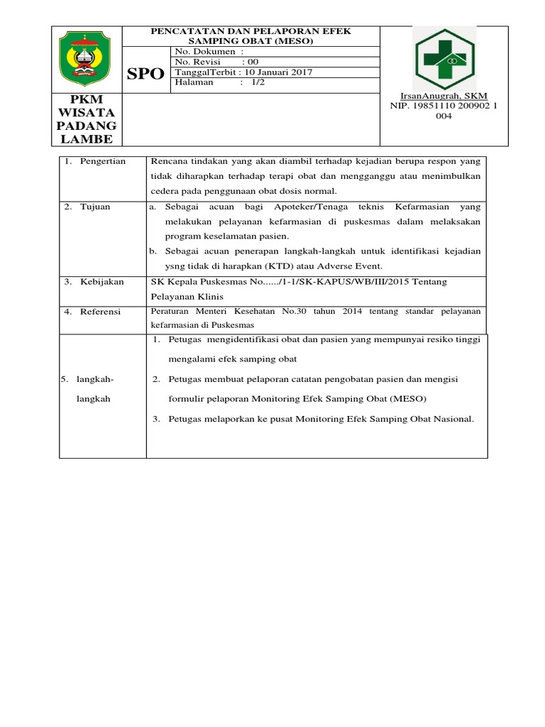 SOP Pencatatan Dan Pelaporan Efek Samping Obat (MESO) | PDF