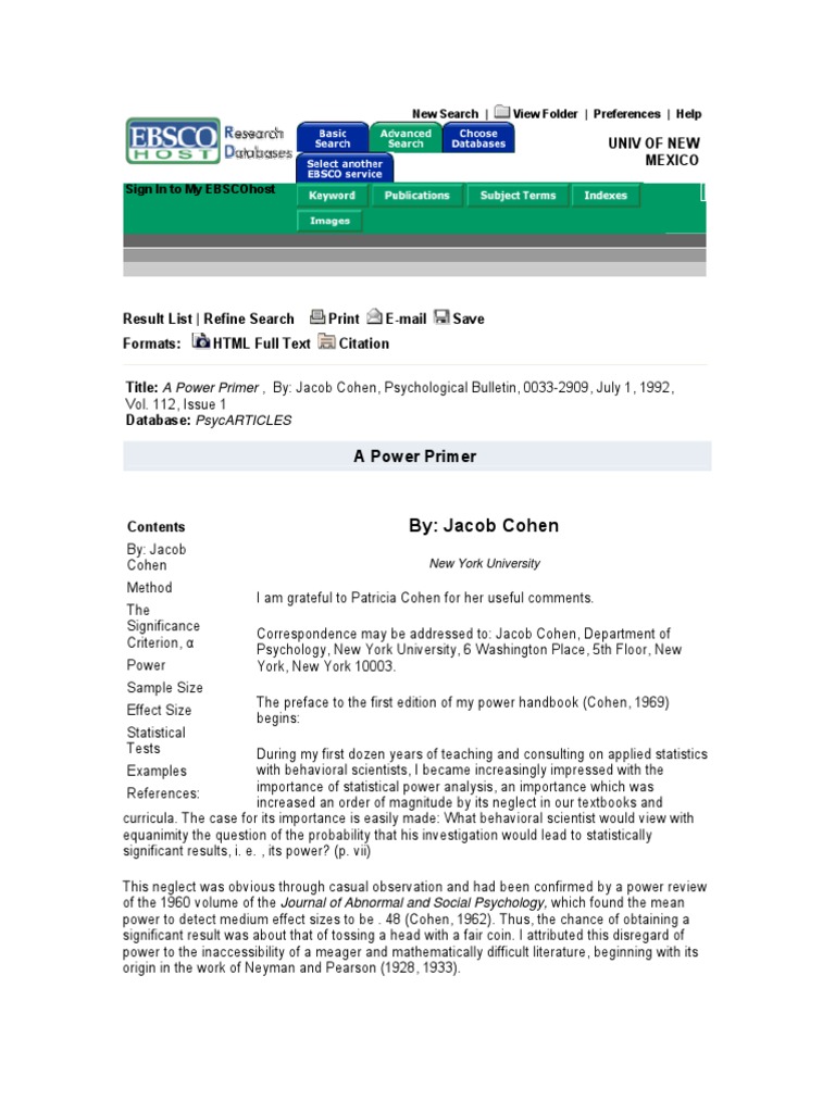 Cohen 1992 A Power Primer PDF | PDF | Statistical Power | Statistical ...