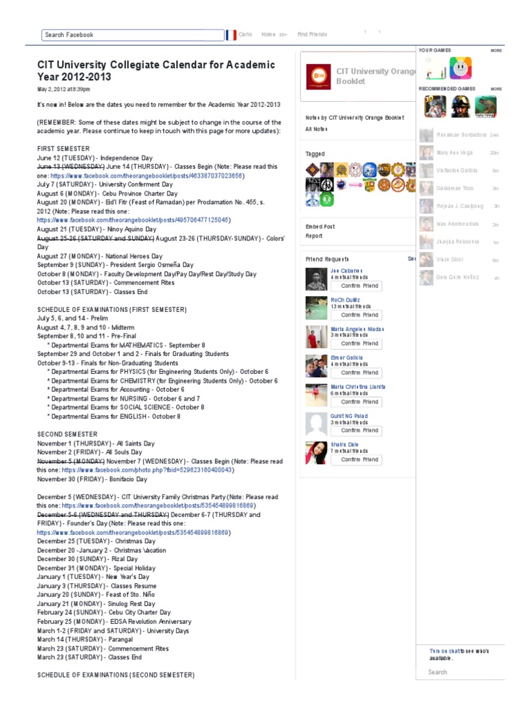 CIT University Collegiate Calendar For Academic Year 2012 2013 | PDF ...