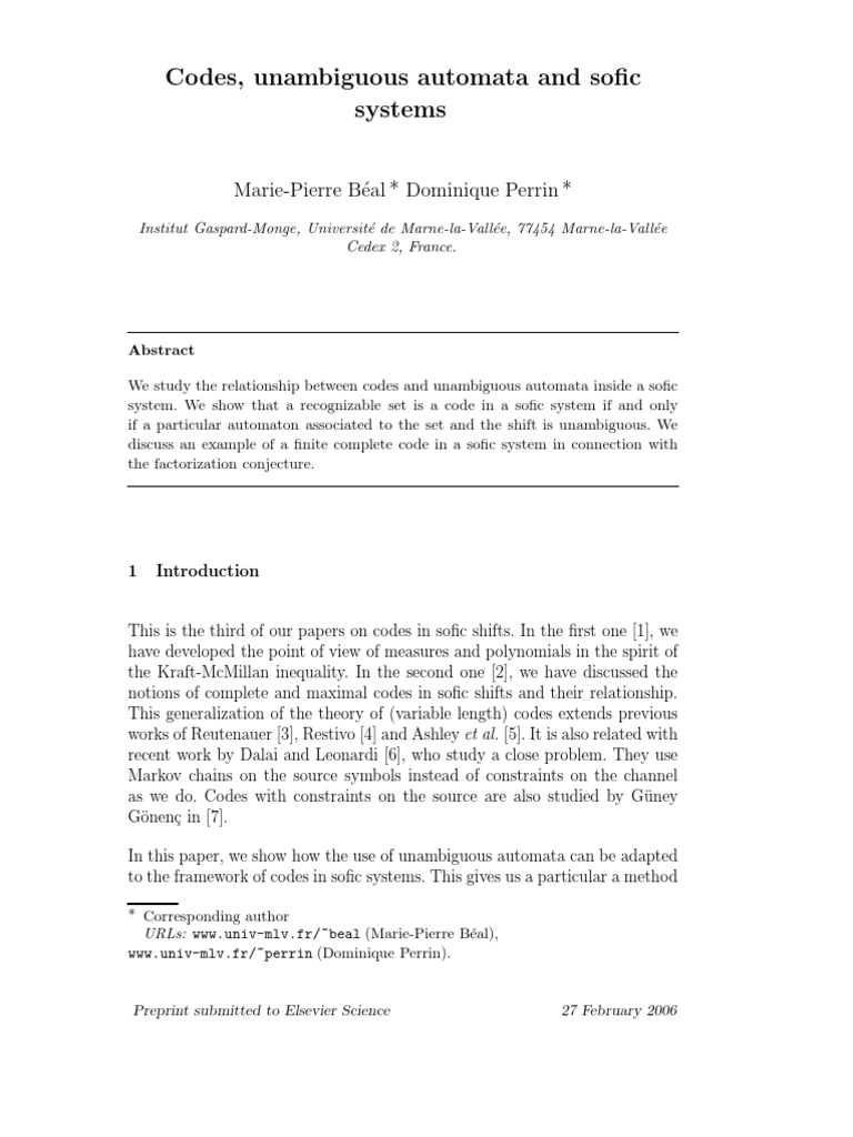 Codes, Unambiguous Automata and Sofic Systems: Marie-Pierre B Eal Dominique Perrin | PDF ...