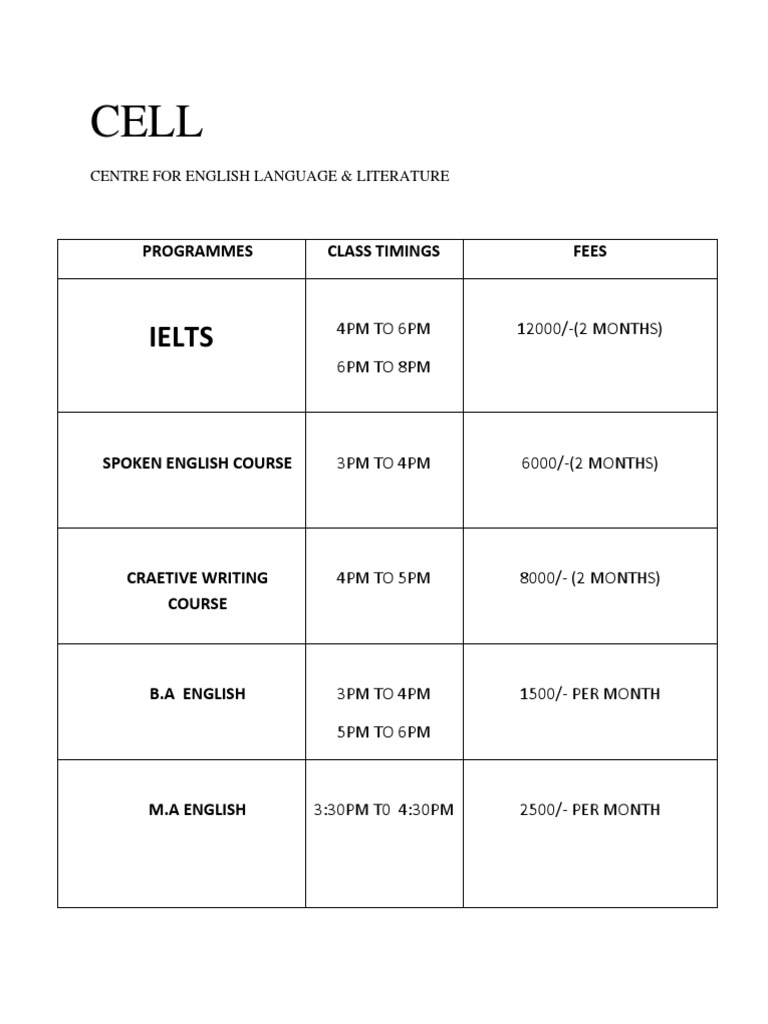 IELTS Class Timings and Fees | PDF