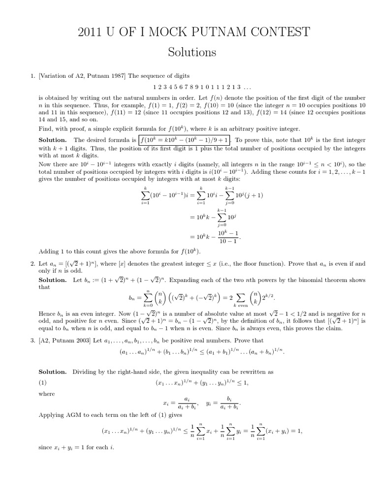 2011 U of I Mock Putnam Contest Solutions | PDF | Series (Mathematics ...