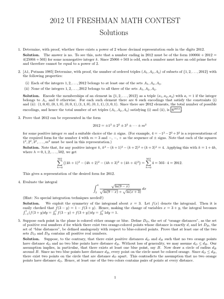 2012 Ui Freshman Math Contest Solutions | PDF | Numbers | Integral