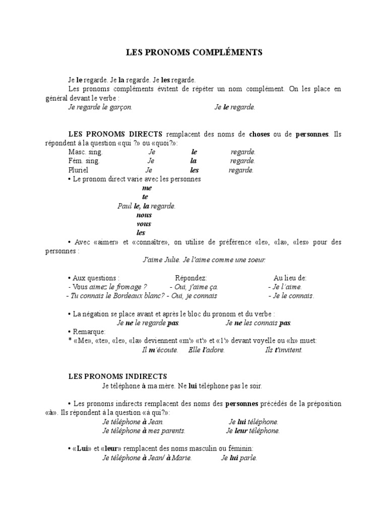 0 Les Pronoms Complements | PDF | Pronom | Genre grammatical