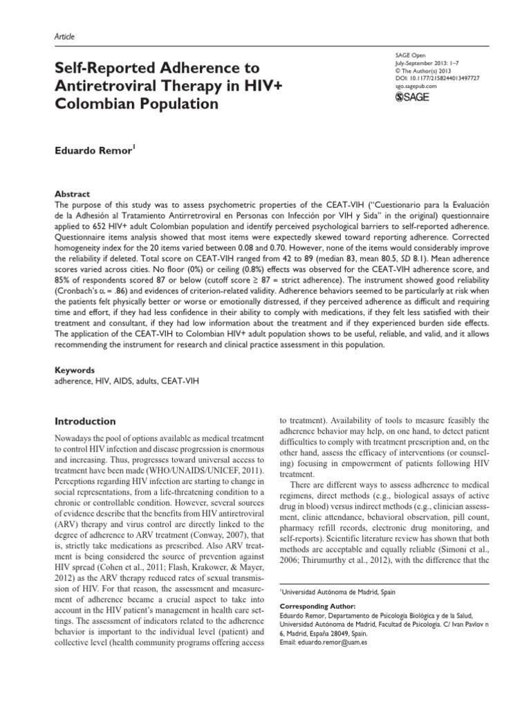 Self-Reported Adherence To Antiretroviral Therapy in HIV+ Colombian ...