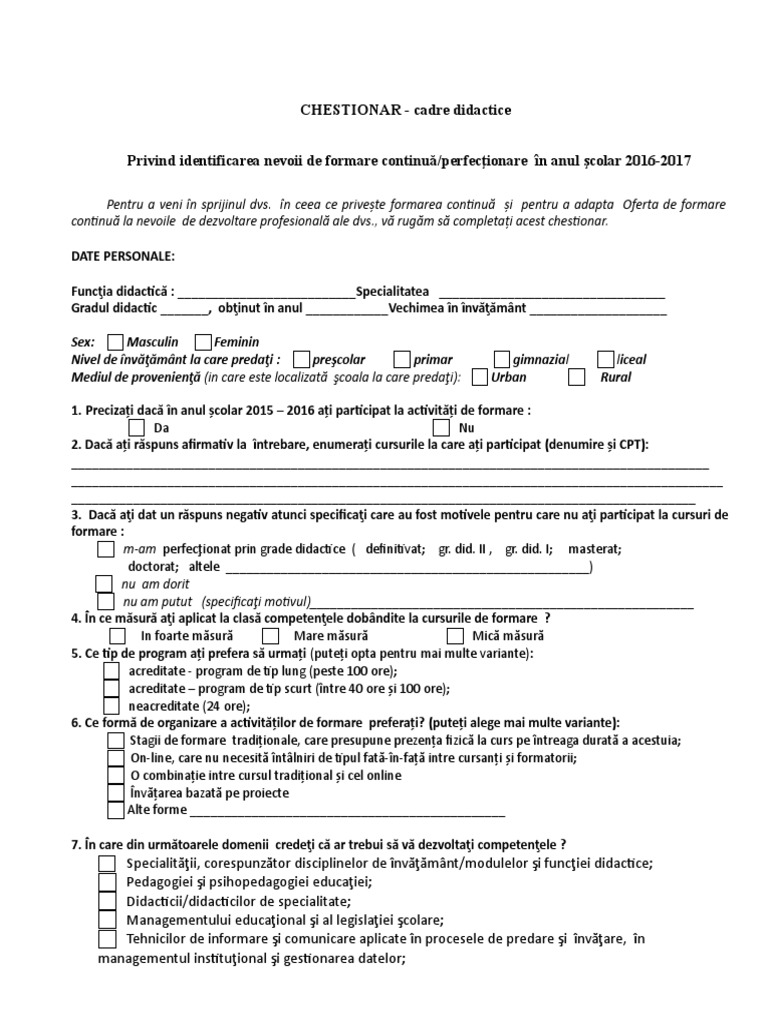 CHESTIONAR - Cadre Didactice | PDF