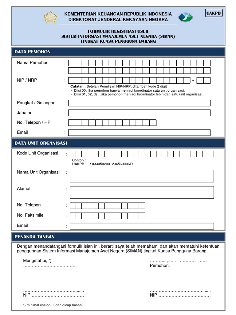 Form Isian Persetjuan Operator SIMAN Oleh KPA Satker | PDF