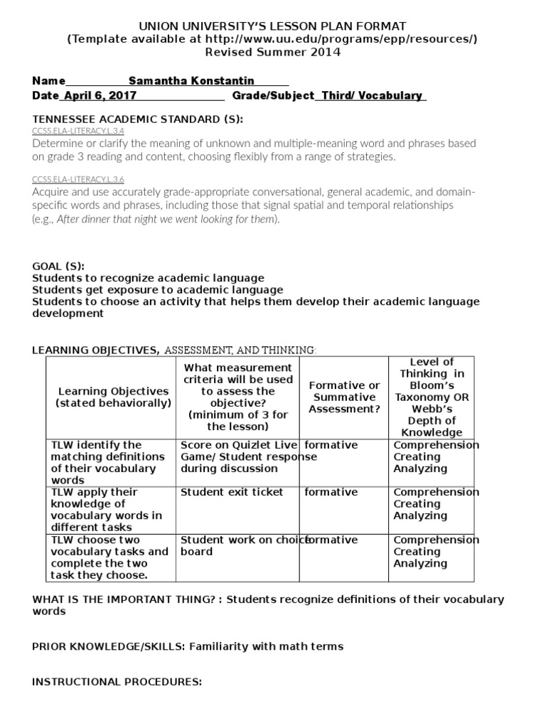 Vocabulary Lesson Plan | Download Free PDF | Reading Comprehension ...