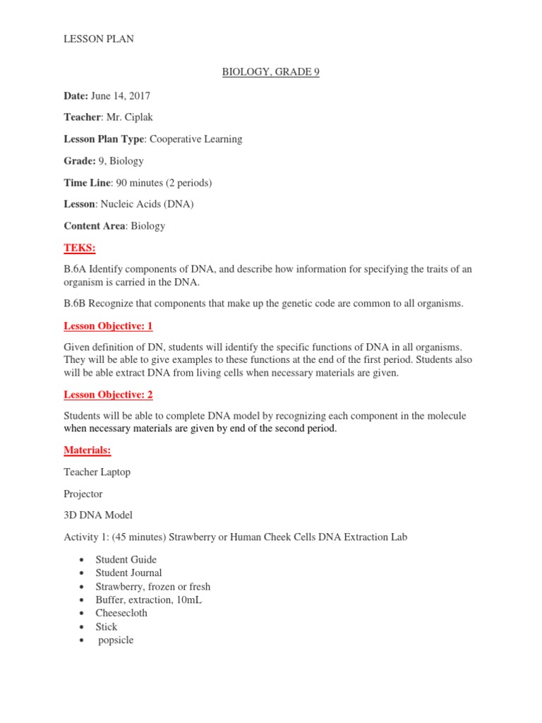 Grade 9 Biology DNA Lesson Plan | PDF | Dna | Gene
