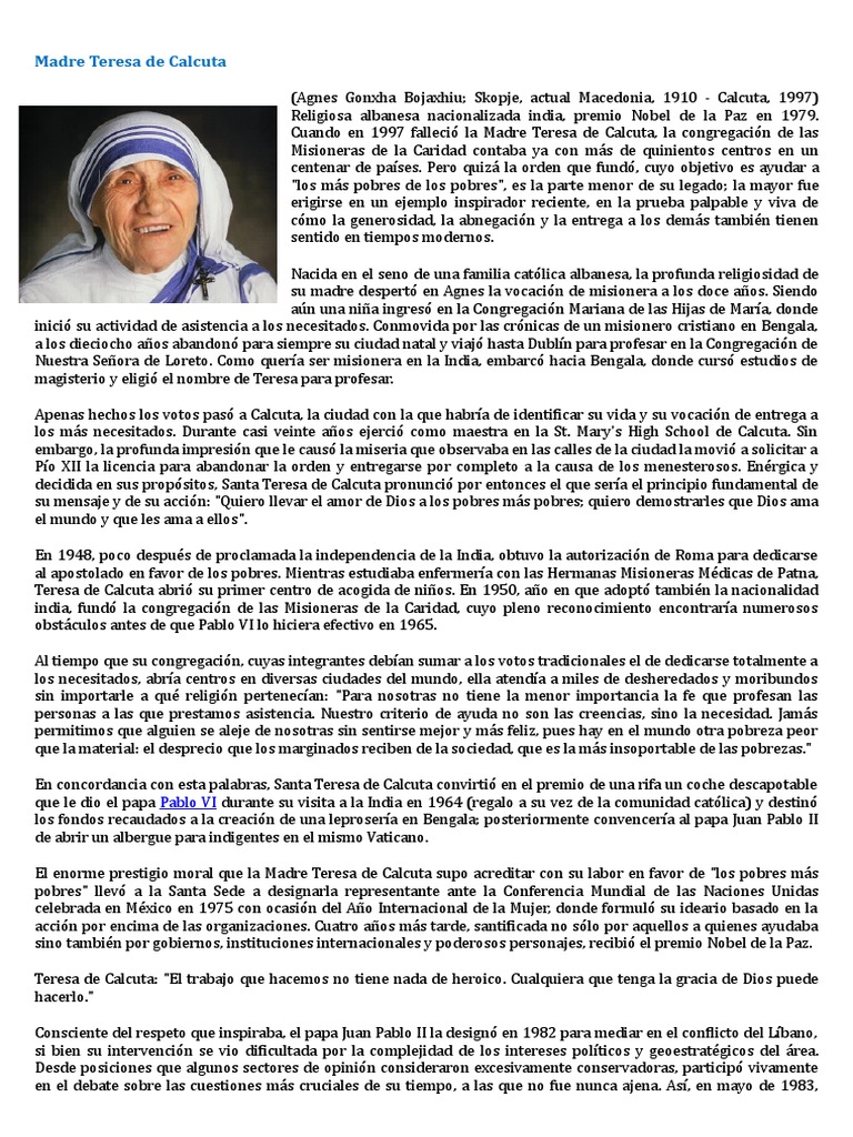 Breve biografia de la pontifica Madre Teresa de Calcuta | Madre Teresa ...