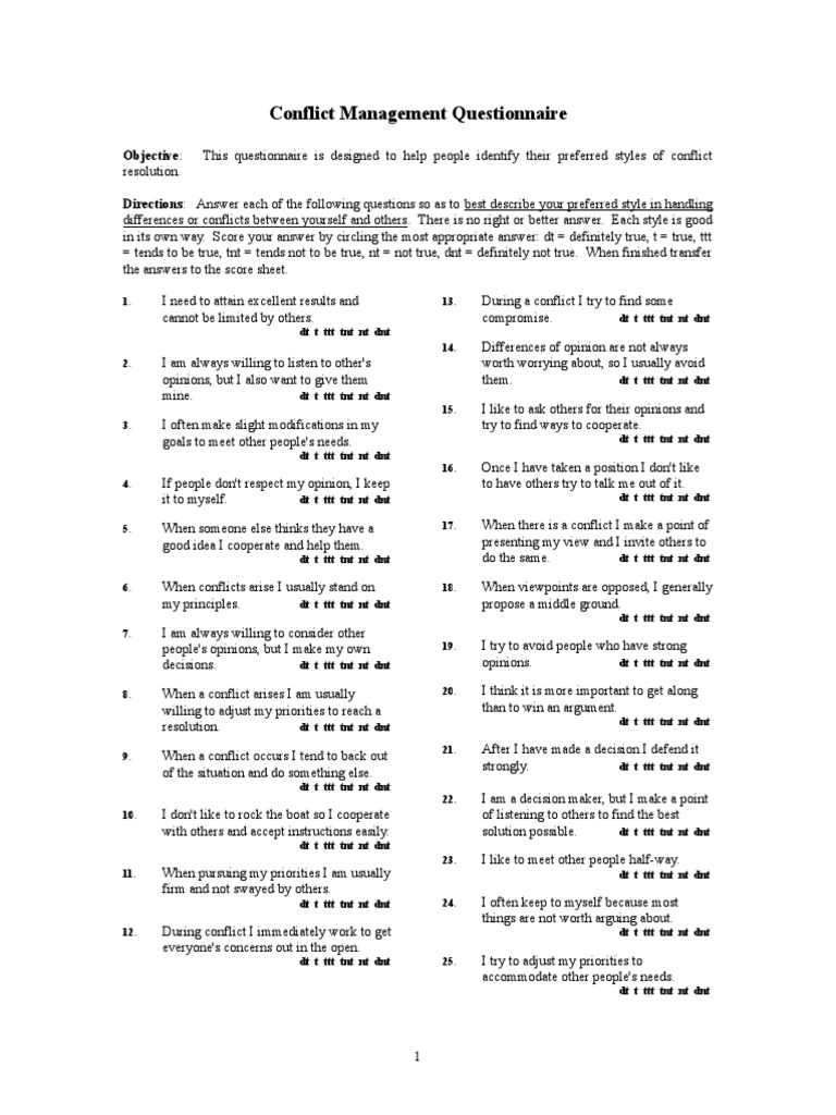 Conflict Management Questionnaire | PDF | Psychological Concepts ...