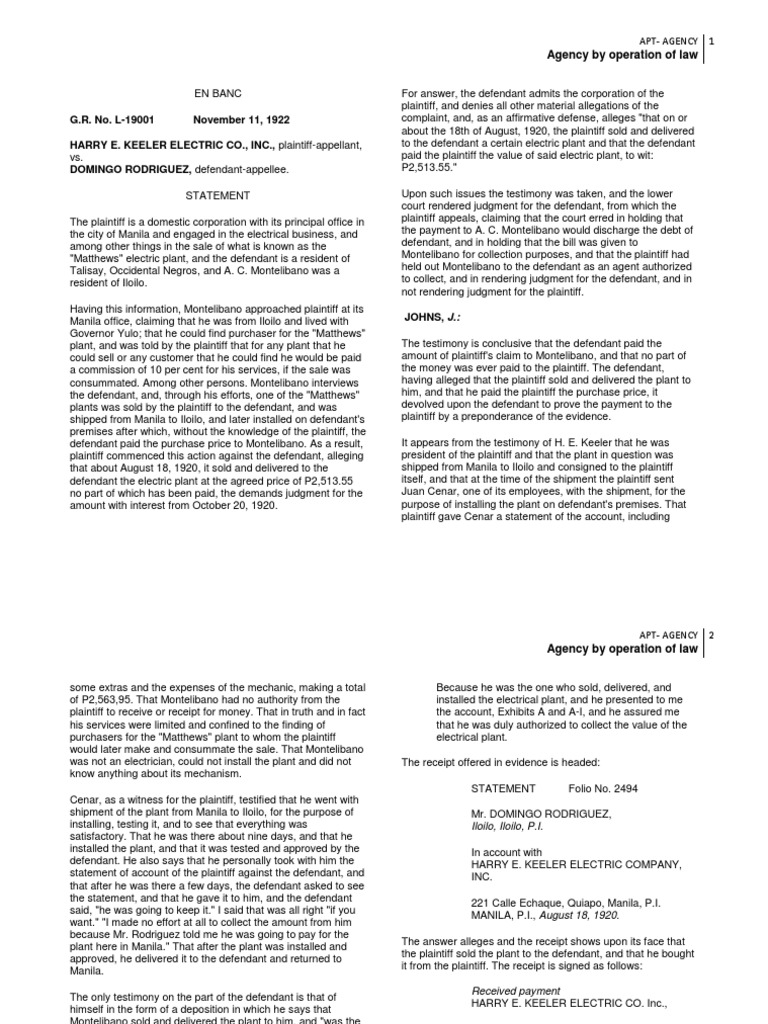 Apt - Cases - Agency - Agency by Operation of Law | PDF | Law Of Agency ...