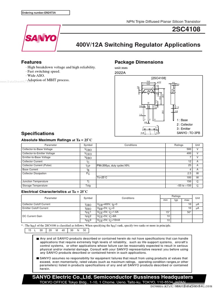 SANYO 2SC4108 Transistor Datasheet | PDF | Electrical Engineering ...