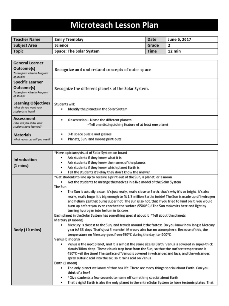 Microteach Lesson Plan - Space | PDF | Natural Satellite | Pluto