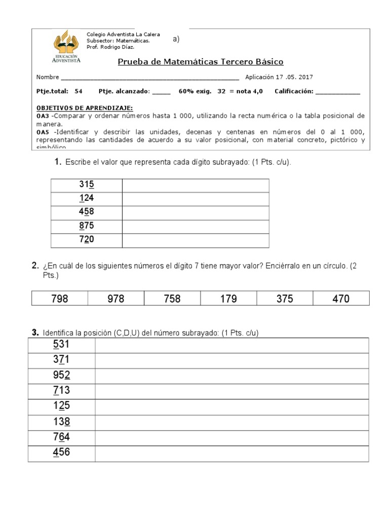 Prueba de Valor Posicional Tercero Básico | PDF | Codificaciones ...