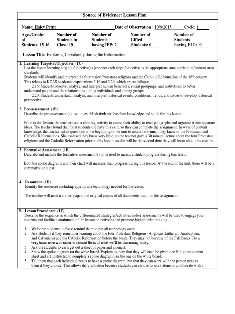 Source of Evidence: Lesson Plan: 1. Learning Target(s) /objectives (1C ...