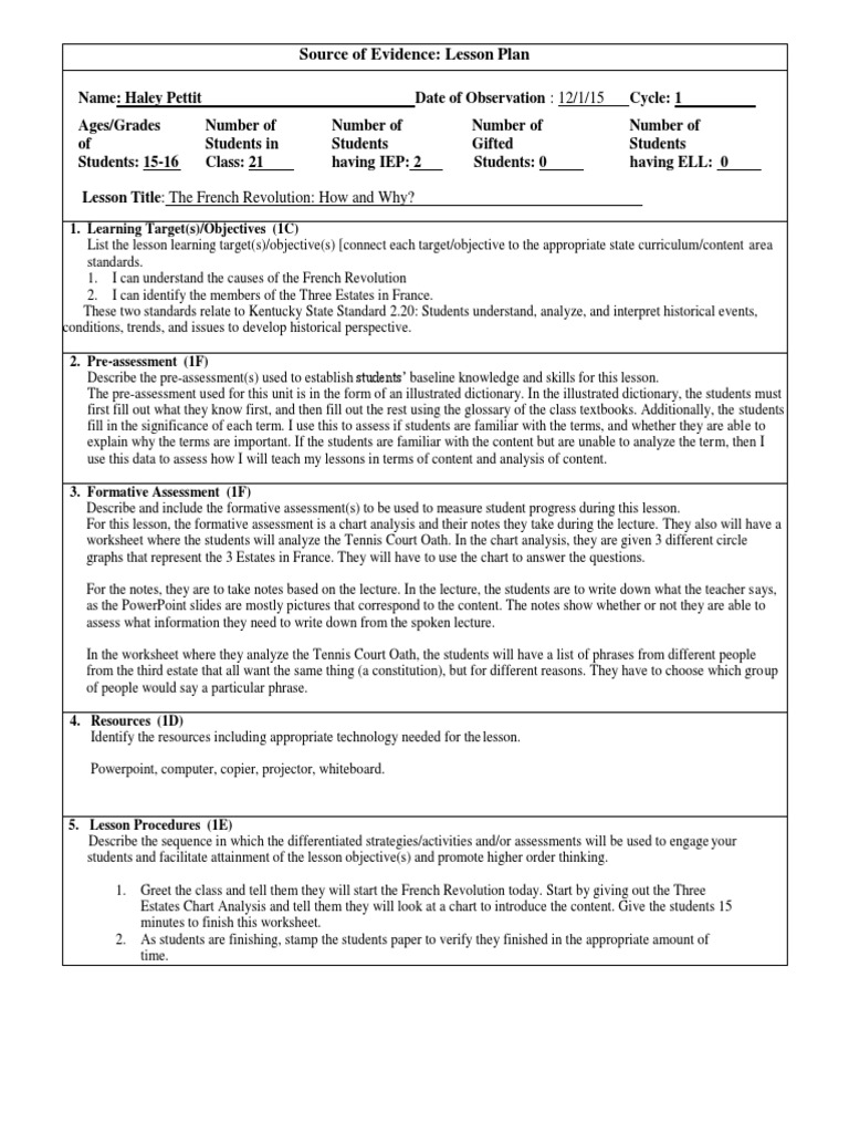 Source of Evidence: Lesson Plan: 1. Learning Target(s) /objectives (1C ...