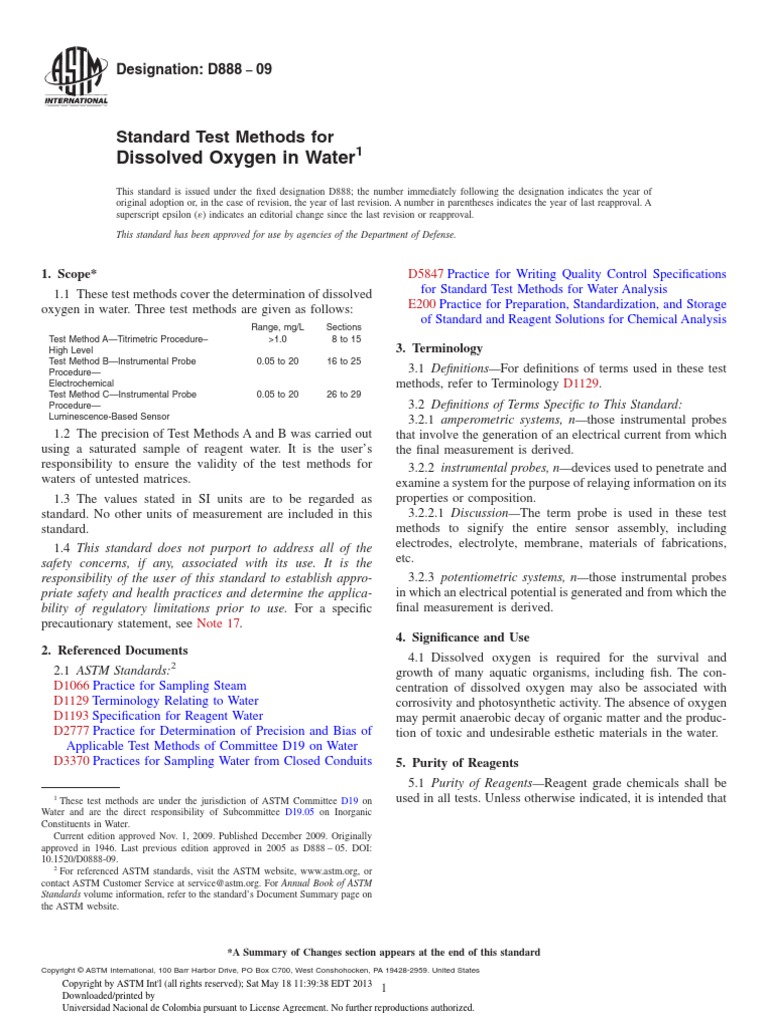 D888 12 Standard Test Methods For Dissolved Oxygen in Water | PDF ...
