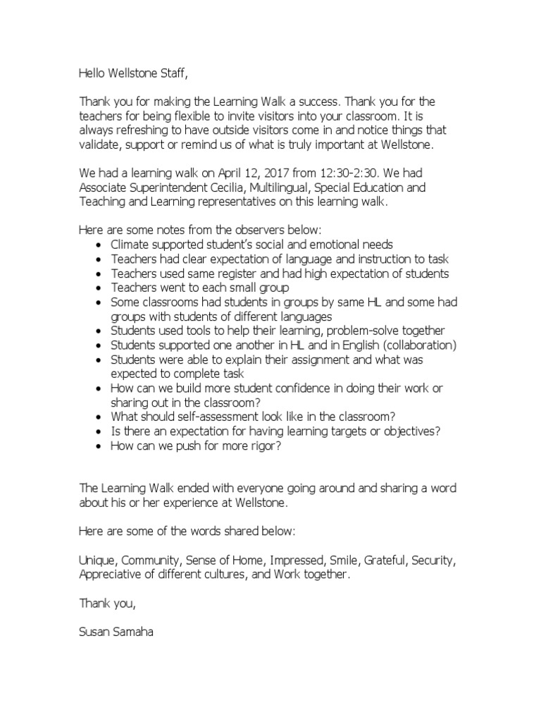Learning Walk Email To Staff | PDF