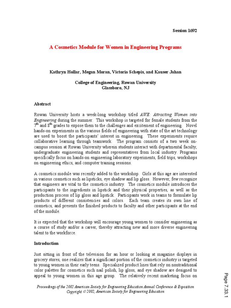 A Cosmetics Module For Women in Engineering | PDF | Wax | Cosmetics