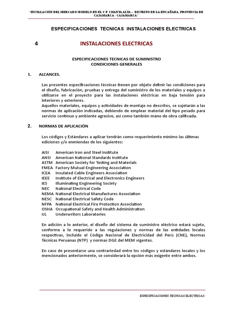 Especificaciones Tecnicas Electricas Mercado Chanta | PDF | Tubería (transporte de fluidos ...