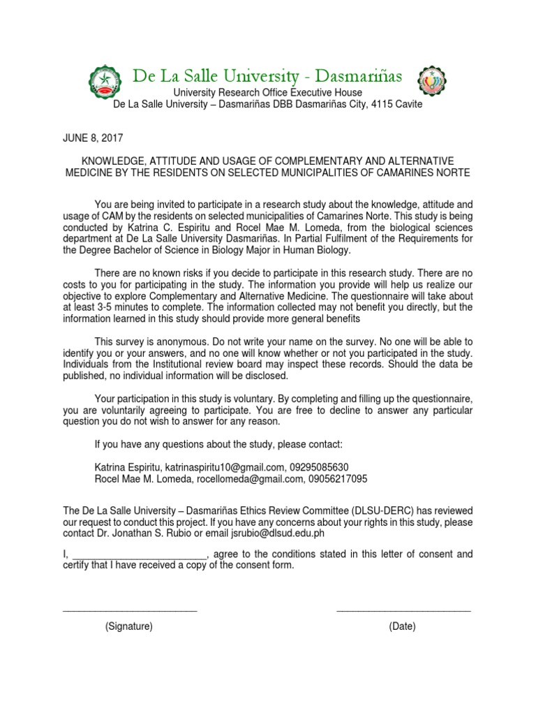DLSU-D Protocol (ETHICS) SAMPLE | PDF | Survey Methodology | Science
