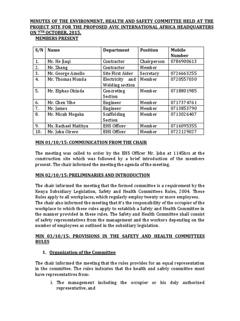 Ehs Committee Meeting | PDF | Occupational Safety And Health | Safety