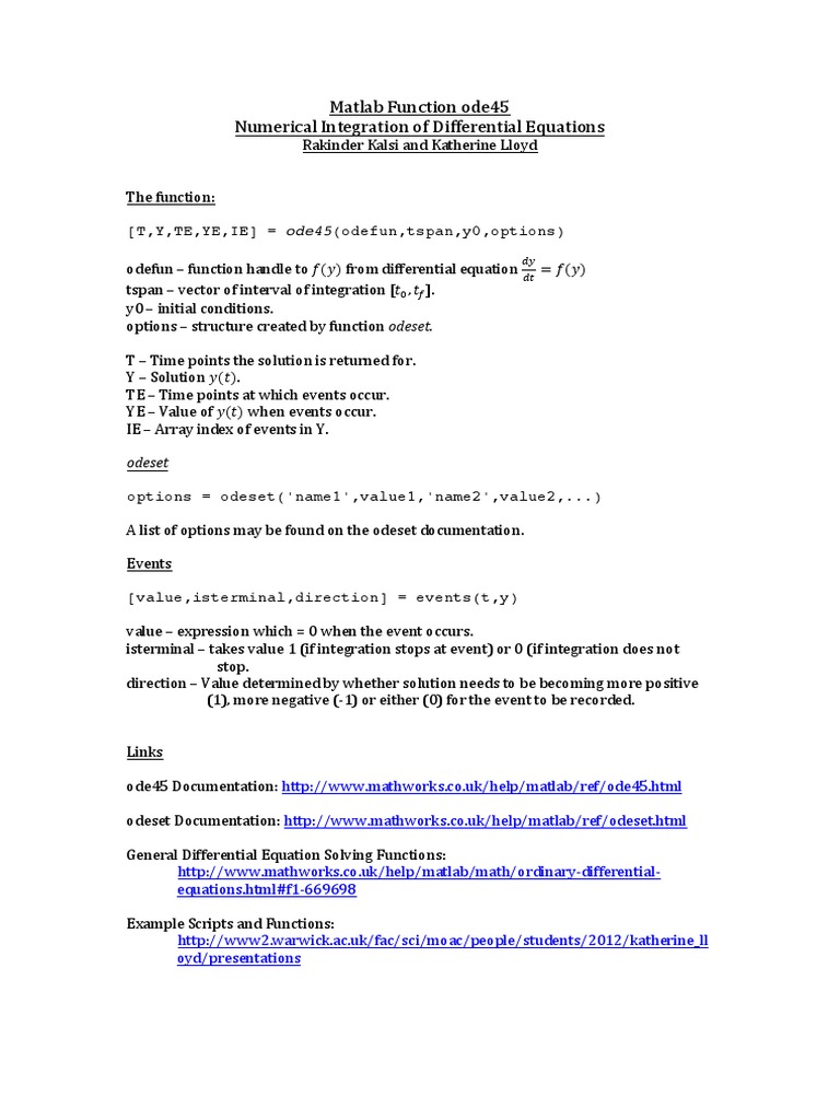 Matlab Function Ode45 | PDF | Matlab | Integral
