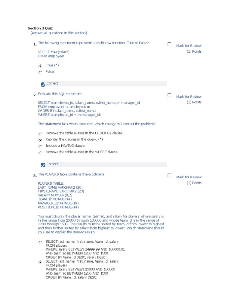 Section 3 Quiz | PDF | Databases | Data