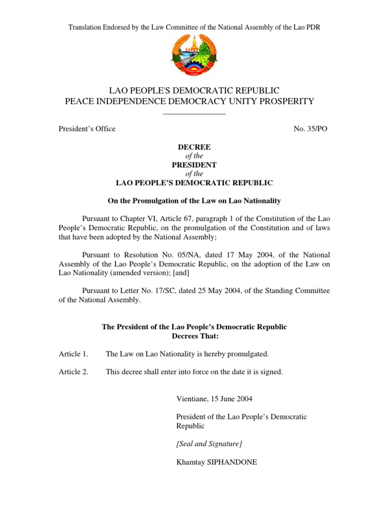 Law On Lao Nationality (2004) Eng | PDF | Nationality | Citizenship
