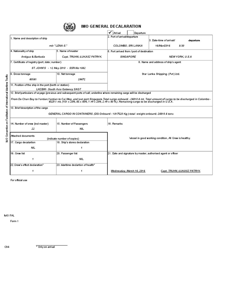 IMO General Declaration for M/V LENA-S | PDF | Business