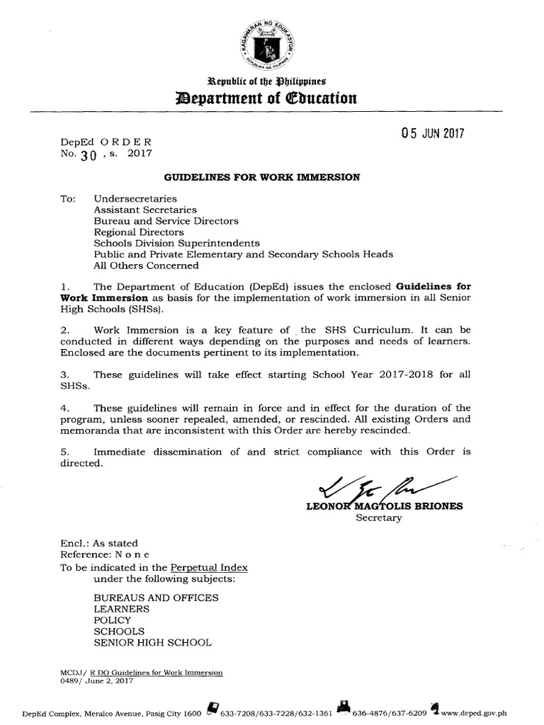 Guidelines For Work Immersion (Senior High Schools) | PDF