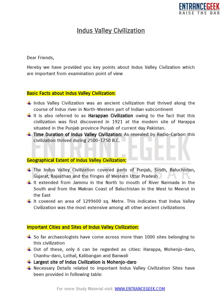 Indus Valley Civilization PDF Study Material by ENTRANCEGEEK | PDF ...