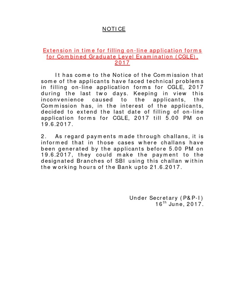 SSC CGL Last Date of Application Extended To 19th June 2017 | PDF