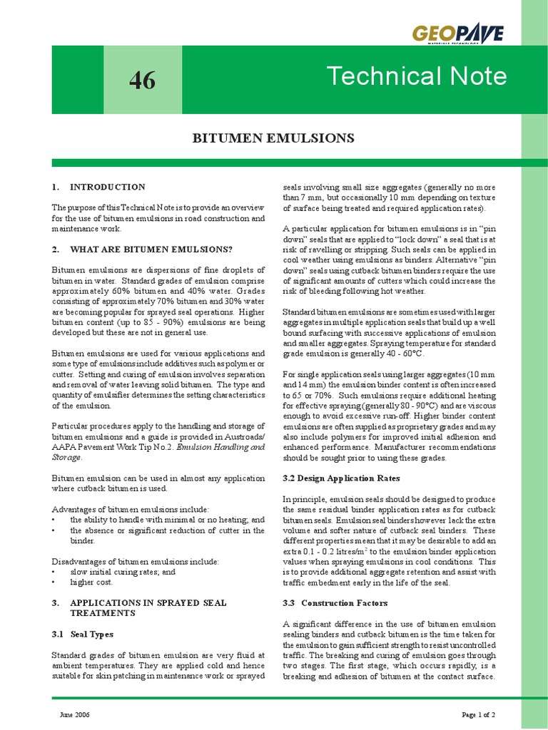Technical Note TN 046 Bitumen Emulsions | Download Free PDF | Asphalt | Road Surface