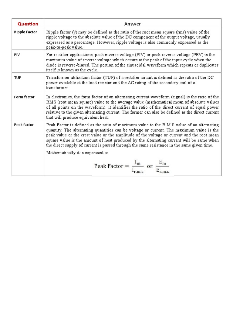 2.07 Ripple Factor, PIV, TUF, Form Factor, Peak Factor | PDF | Root Mean Square | Rectifier