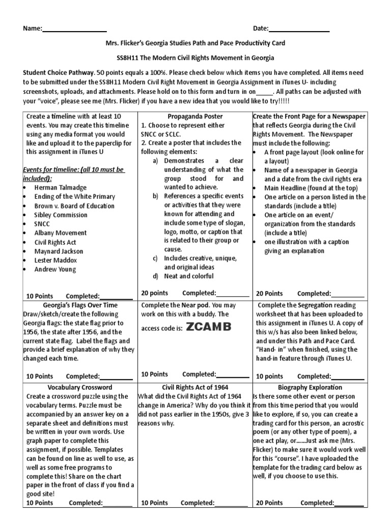 SS8H11 Civil Rights Movement Tasks | PDF
