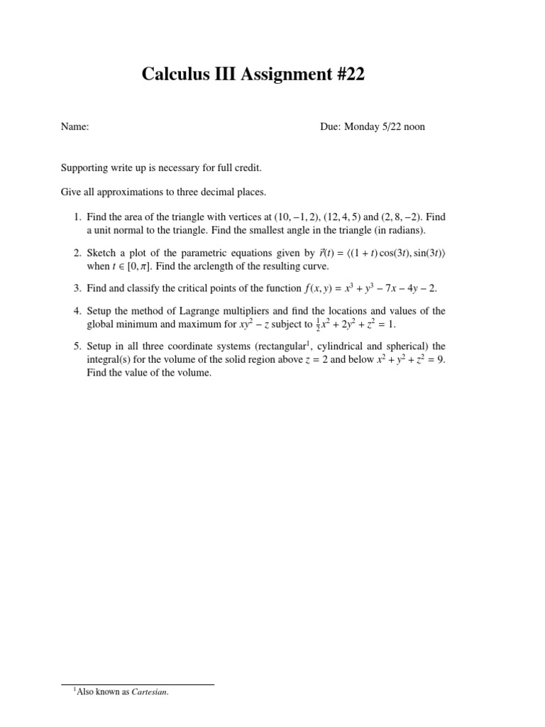 Calculus III Assignment #22: Also Known As Cartesian | PDF